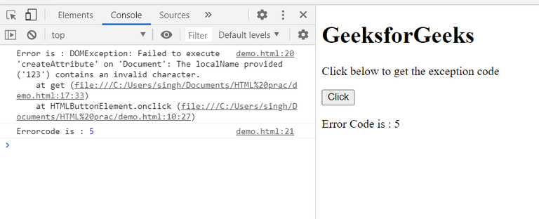 HTML DOMException code property - GeeksforGeeks