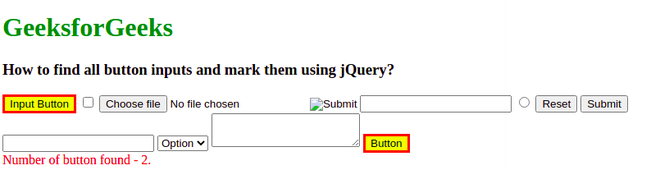 How to find all button inputs and mark them using jQuery ? - GeeksforGeeks