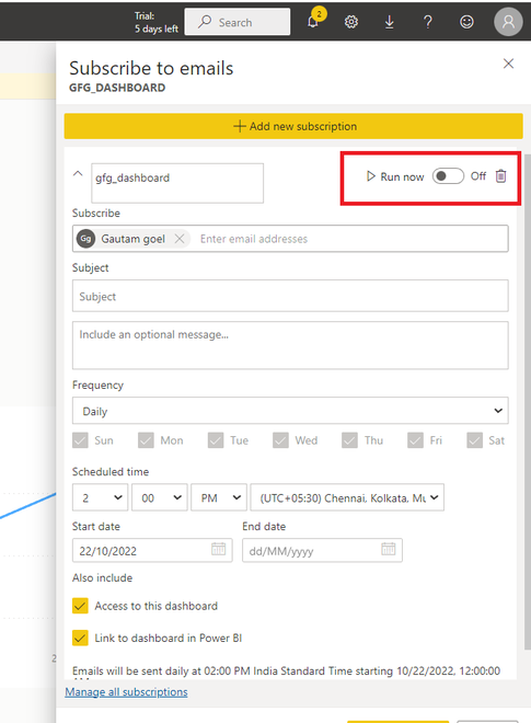 Power BI - Subscribe Dashboard - GeeksforGeeks