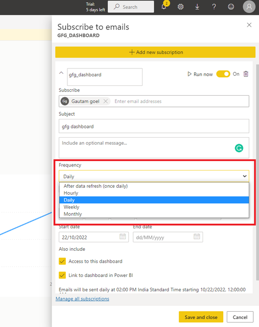 Power BI - Subscribe Dashboard - GeeksforGeeks
