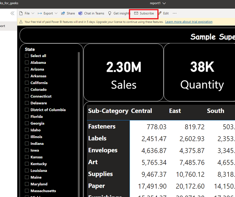 Power BI - Subscribe Report - GeeksforGeeks