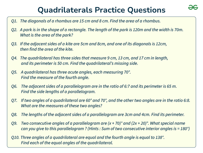 Quadrilaterals Practice Questions Geeksforgeeks