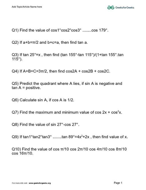 Trigonometric Ratios Practice Questions - GeeksforGeeks