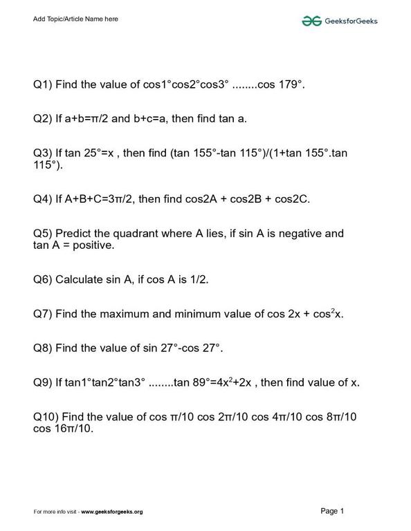 Trigonometric Ratios Practice Questions - GeeksforGeeks