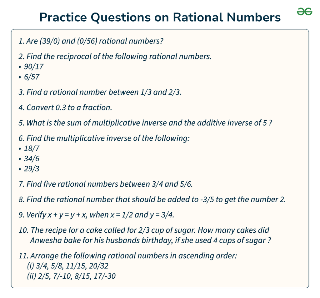 Practice Questions on Rational Numbers - GeeksforGeeks