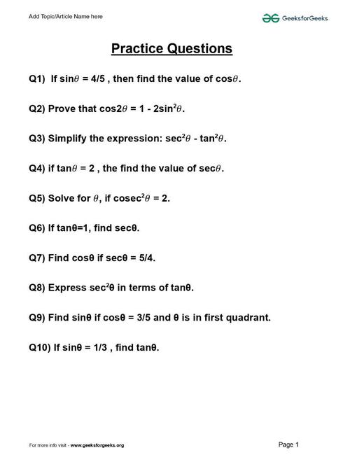 Pythagorean Identities Practice Problems - GeeksforGeeks