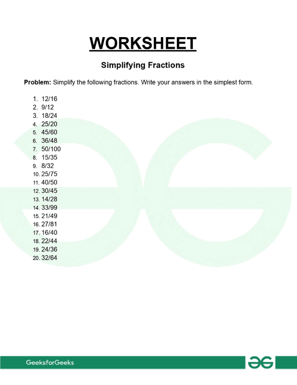 Simplifying Fractions Worksheet - GeeksforGeeks