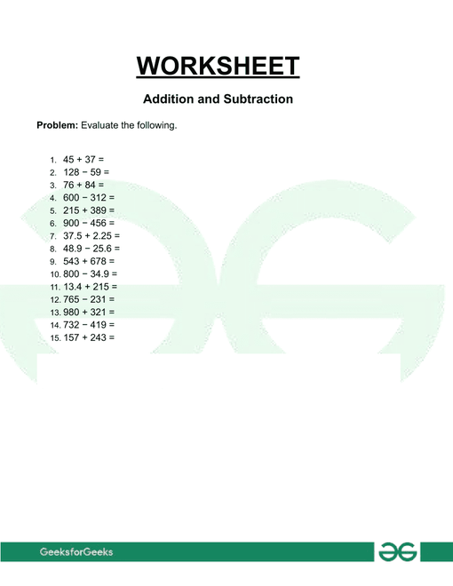 Addition and Subtraction Worksheet - GeeksforGeeks