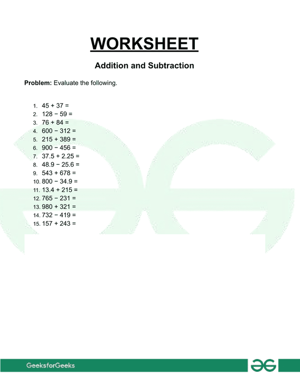 Addition and Subtraction Worksheet - GeeksforGeeks