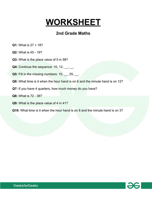 2nd Grade Math Worksheets - GeeksforGeeks