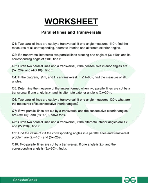 Parallel lines and Transversals Worksheet - GeeksforGeeks