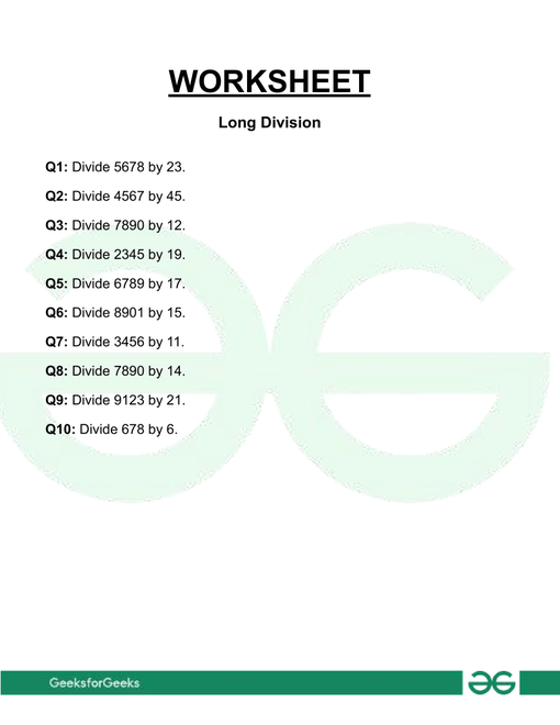Long Division Worksheets - GeeksforGeeks