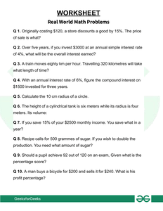 Real World Math Problems Worksheets - GeeksforGeeks