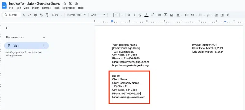 How To Make An Invoice in Google Docs - GeeksforGeeks