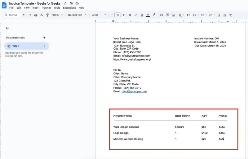 How To Make An Invoice in Google Docs - GeeksforGeeks