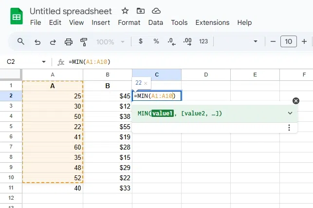 How to use MIN formula in Google Sheets - GeeksforGeeks
