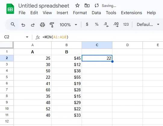 How to use MIN formula in Google Sheets - GeeksforGeeks