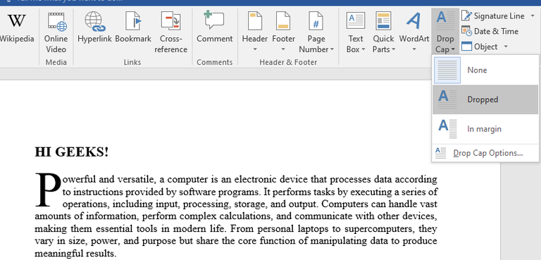 Add a Drop Cap in MS Word - GeeksforGeeks