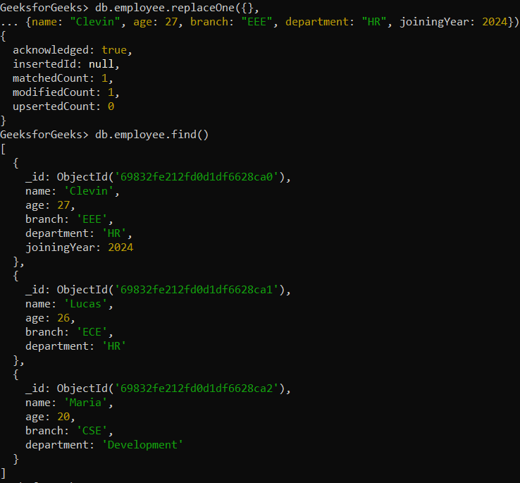 MongoDB - Replace Documents Using MongoShell - GeeksforGeeks