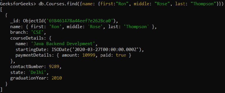 MongoDB - Query Embedded Documents Using Mongo Shell - GeeksforGeeks