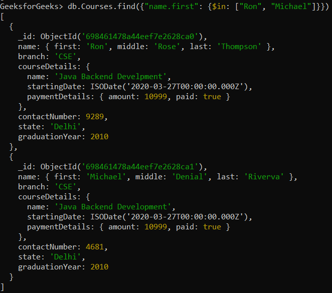 Mongodb Query Embedded Documents Using Mongo Shell Geeksforgeeks